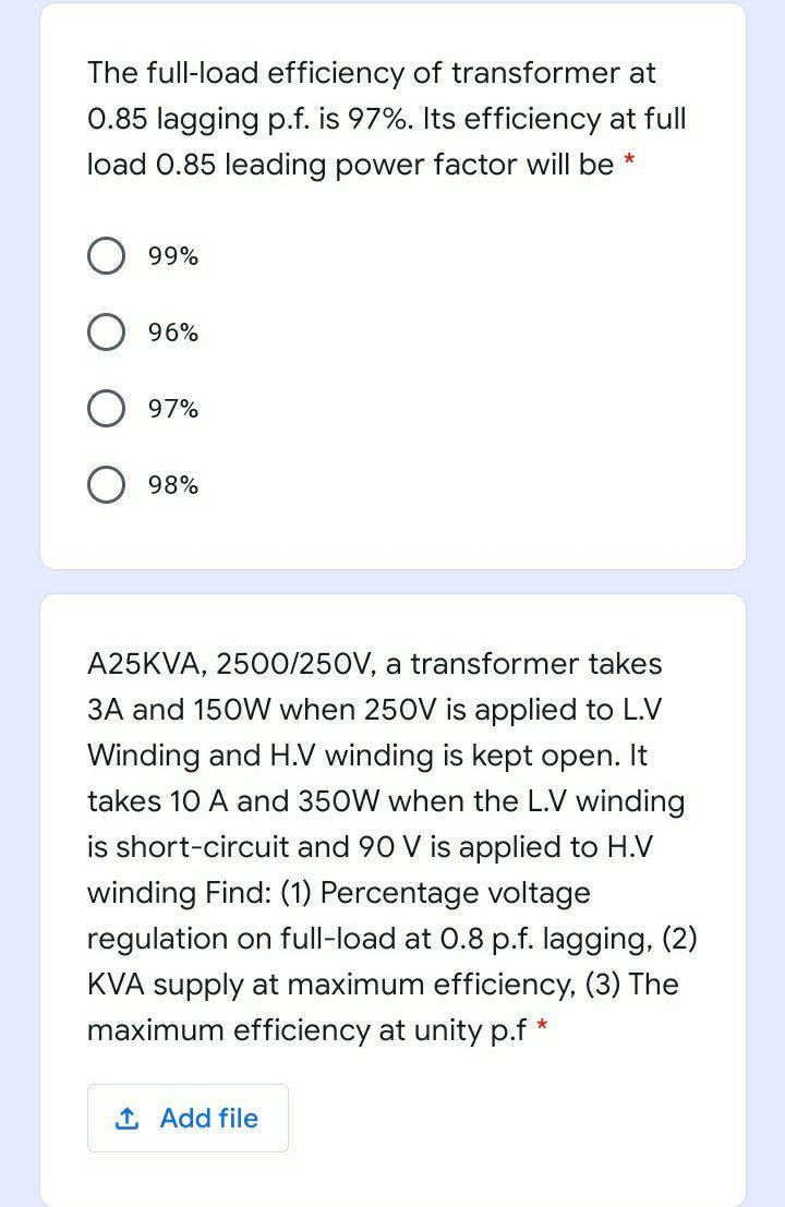 Solved The full-load efficiency of transformer at 0.85 | Chegg.com
