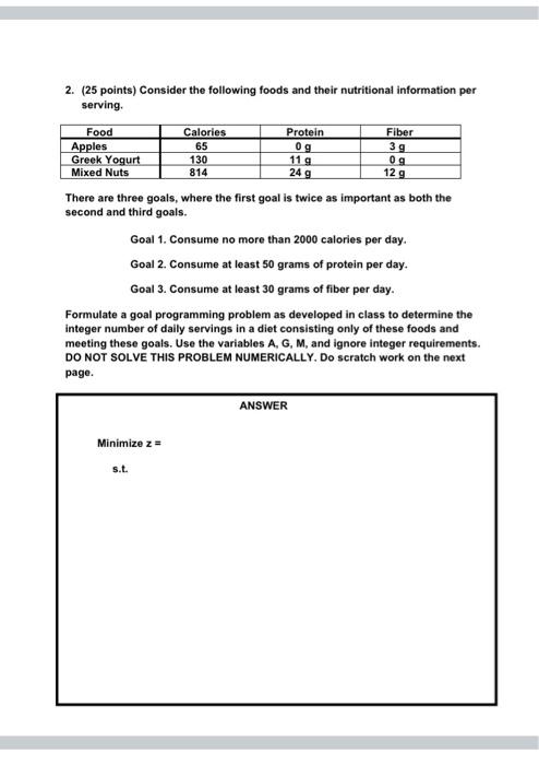 Solved 2. (25 points) Consider the following foods and their | Chegg.com