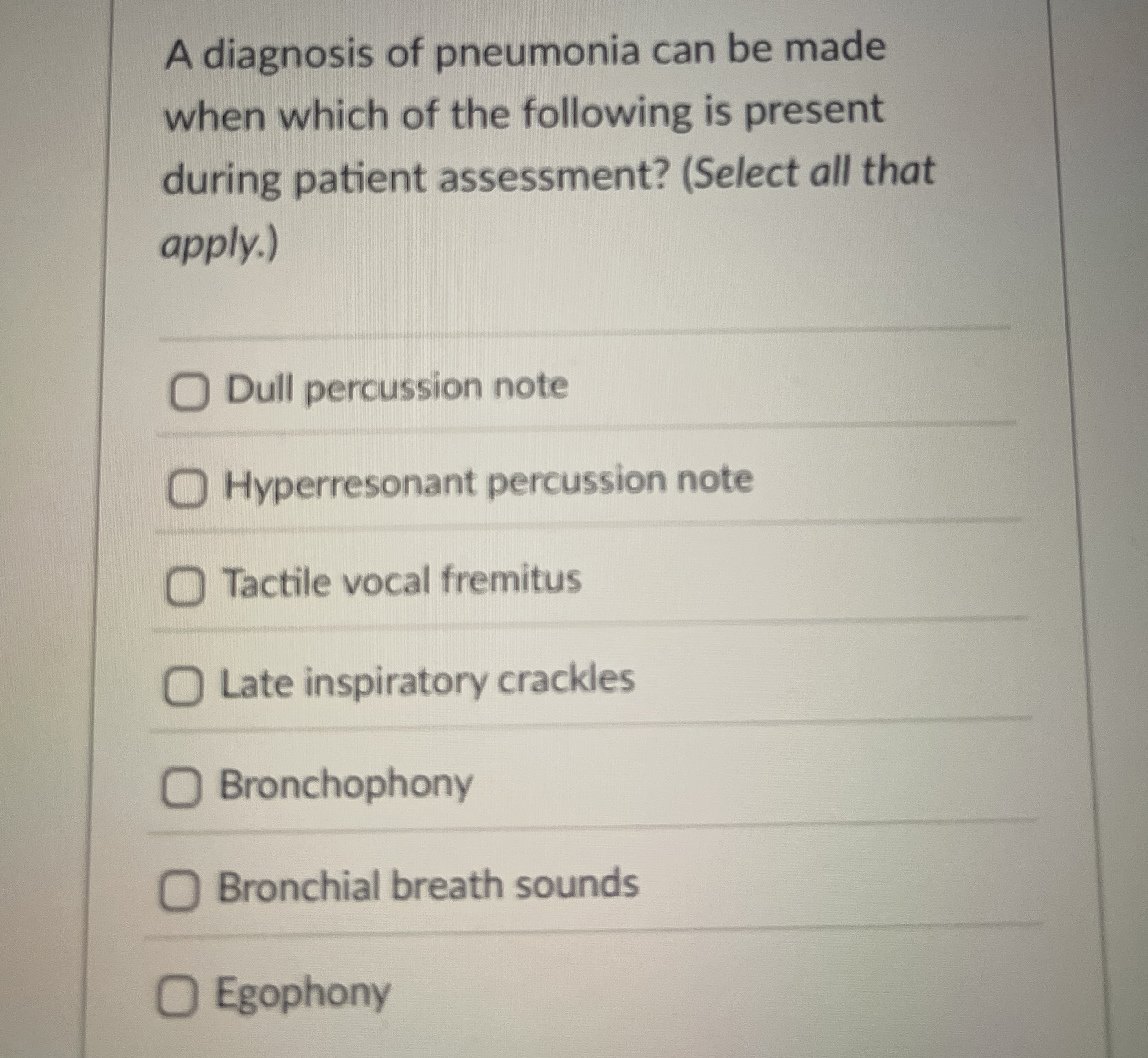 Solved A diagnosis of pneumonia can be made when which of | Chegg.com