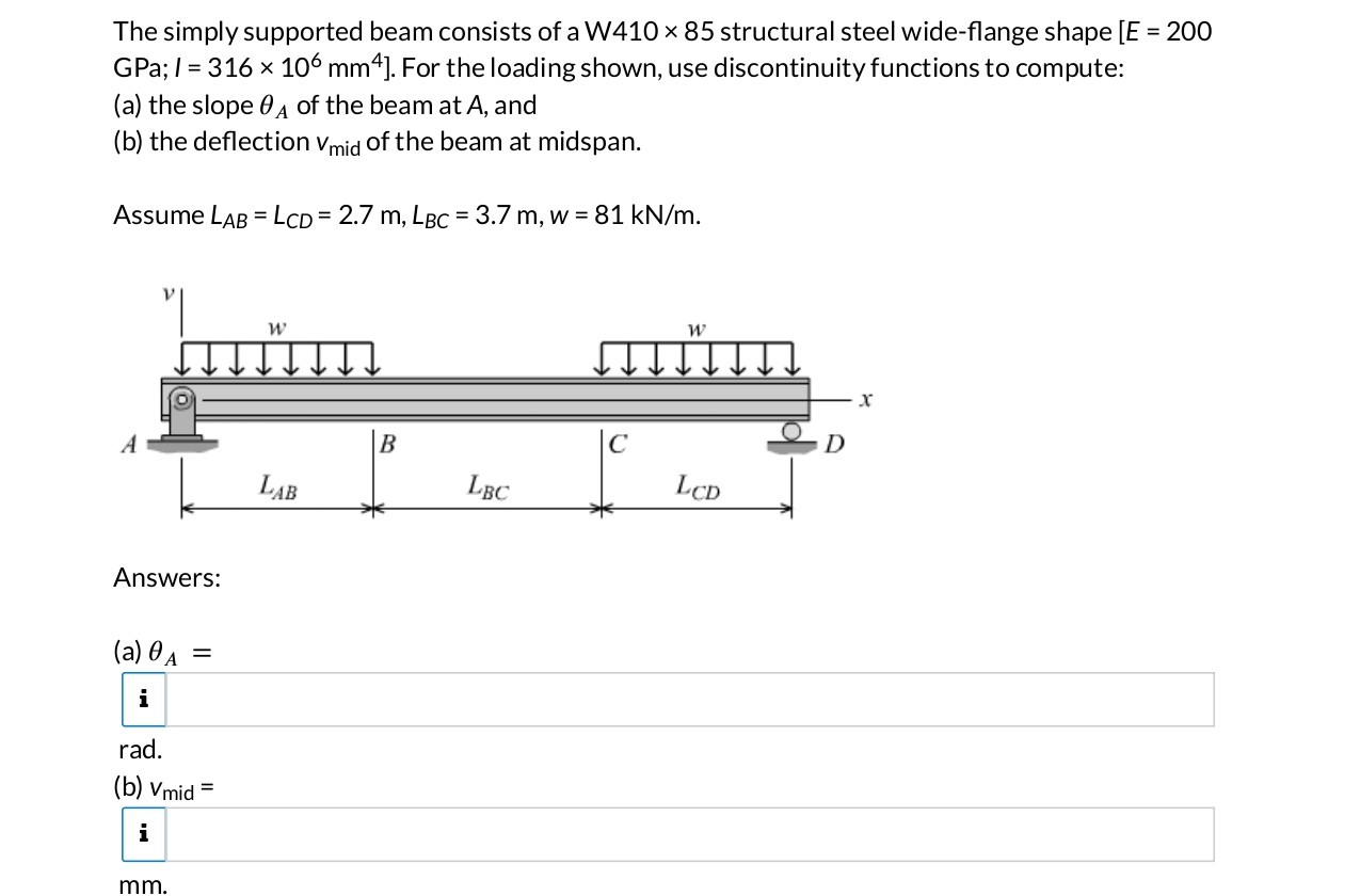 Solved The simply supported beam consists of a W410 ×85 | Chegg.com