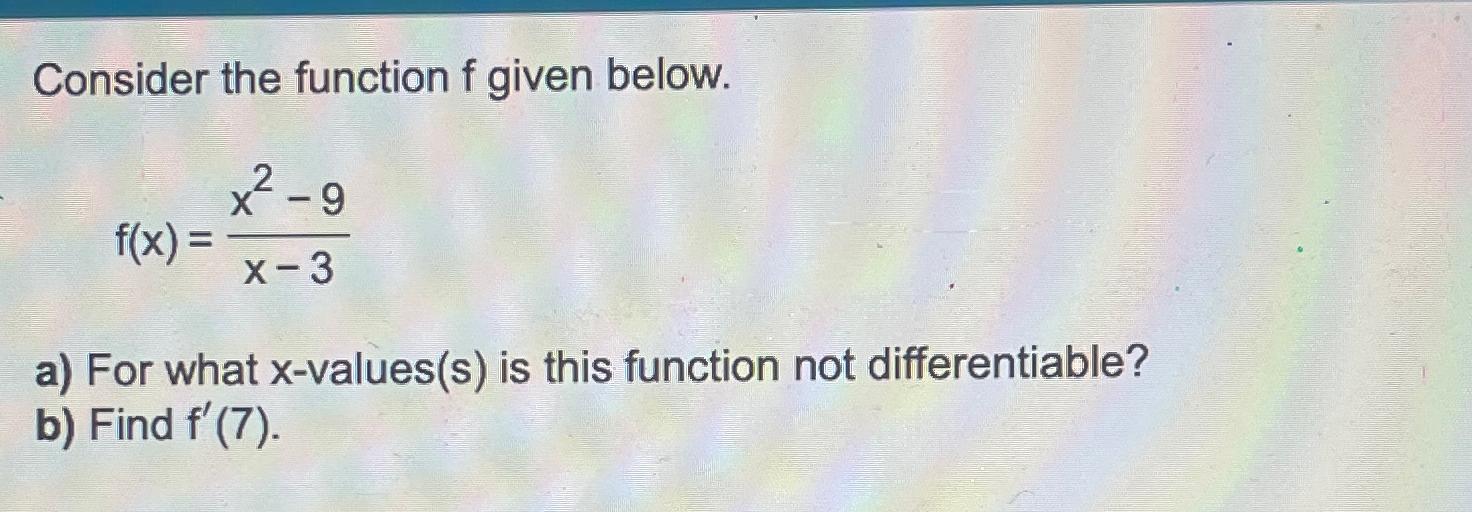 Solved Consider the function f ﻿given below.f(x)=x2-9x-3a) | Chegg.com