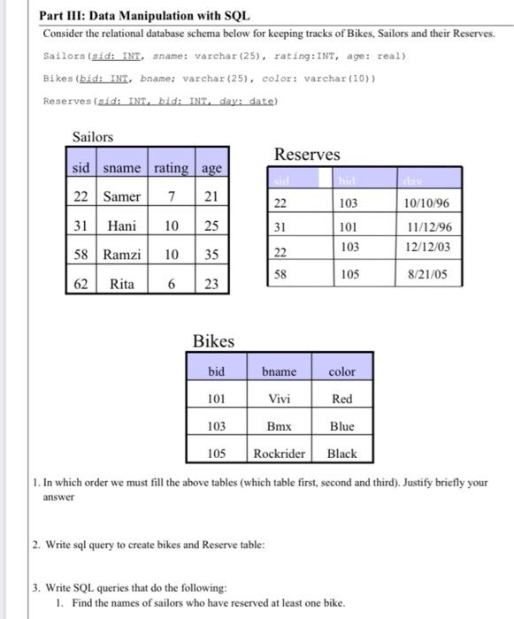 Solved Part III: Data Manipulation with SQL Consider the | Chegg.com