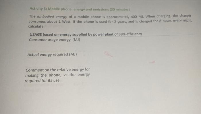 Solved Activity 3: Mobile phone: energy and emissions (30 | Chegg.com