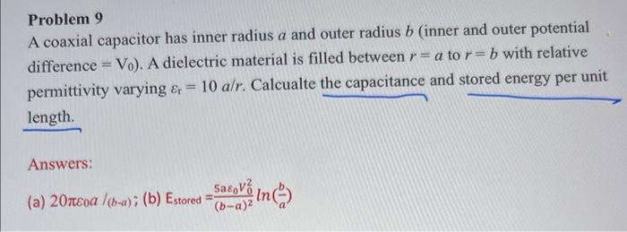 Solved Problem 9 A coaxial capacitor has inner radius a and | Chegg.com