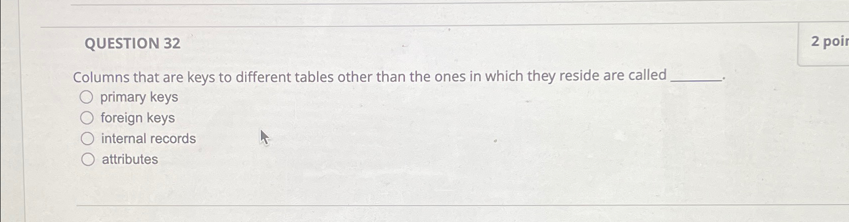 Solved QUESTION 32Columns that are keys to different tables | Chegg.com
