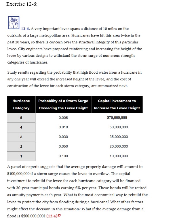 Solved Exercise 12-6: 12-6. ﻿A very important levee spans a | Chegg.com