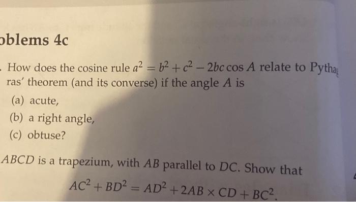 Solved How does the cosine rule a2=b2+c2−2bccosA relate to | Chegg.com