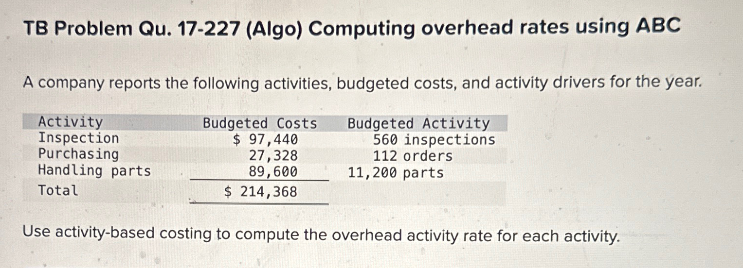 Solved TB Problem Qu. 17-227 (Algo) ﻿Computing overhead | Chegg.com