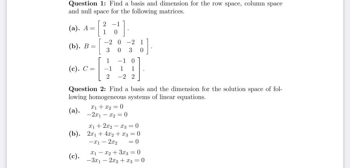 Solved Question 1: Find a basis and dimension for the row | Chegg.com
