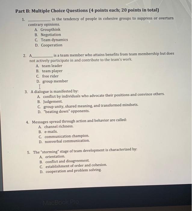 Part B: Multiple Choice Questions (4 points each; 20 | Chegg.com