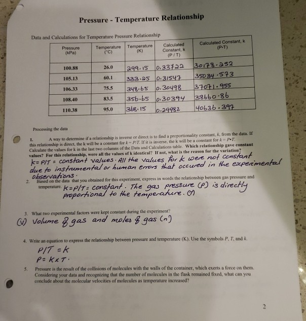 Solved Pressure - Temperature Relationship Calculated | Chegg.com