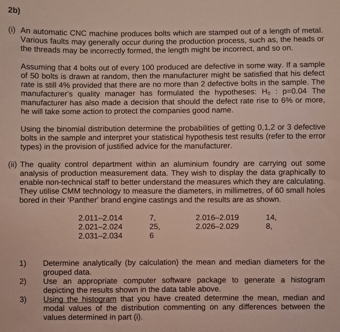 Solved 2b)(i) ﻿An automatic CNC machine produces bolts which | Chegg.com