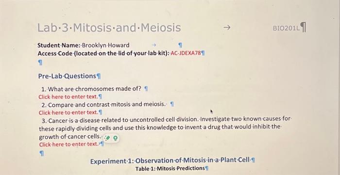 Solved Lab.3.Mitosis and Meiosis Student Name: Brooklyn | Chegg.com