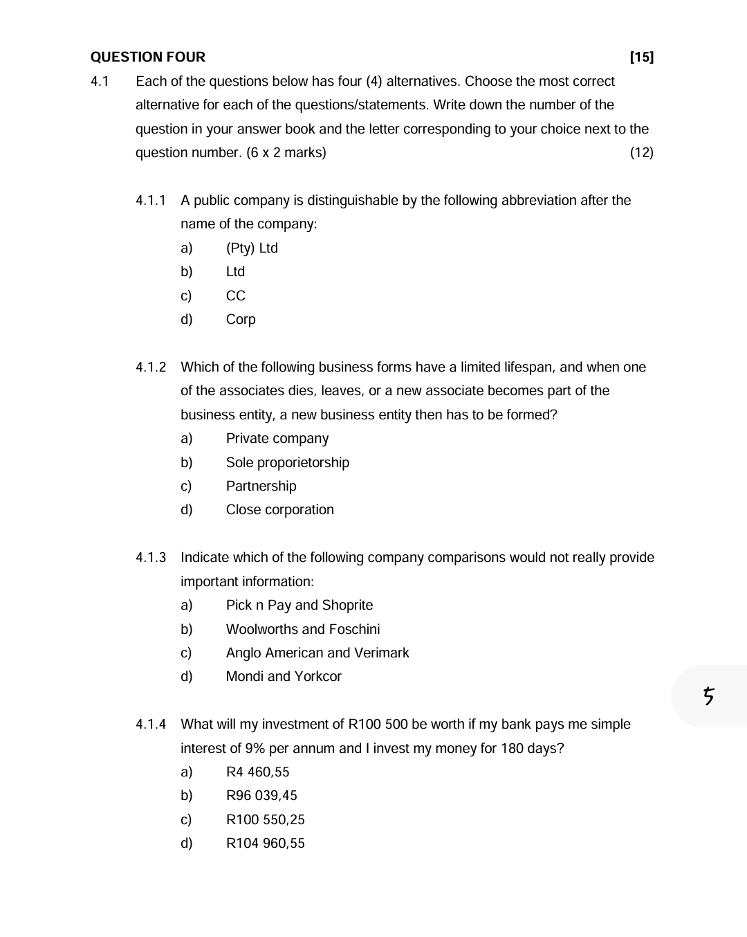 Solved QUESTION FOUR[15]4.1 ﻿Each of the questions below has | Chegg.com