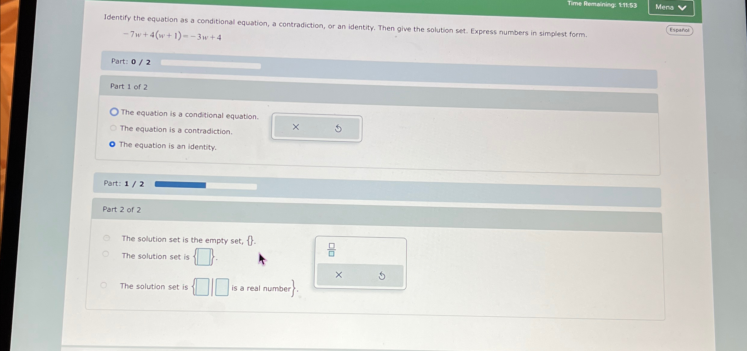 Solved Time Remaining: 1:11:53Identify the equation as a | Chegg.com