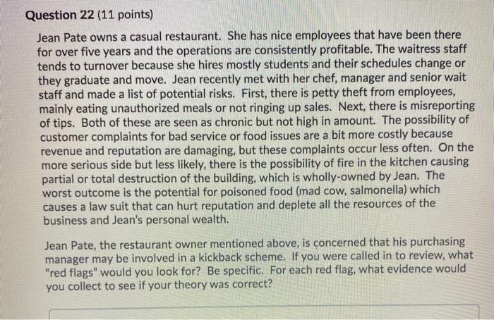 Question 22 (11 points) Jean Pate owns a casual | Chegg.com