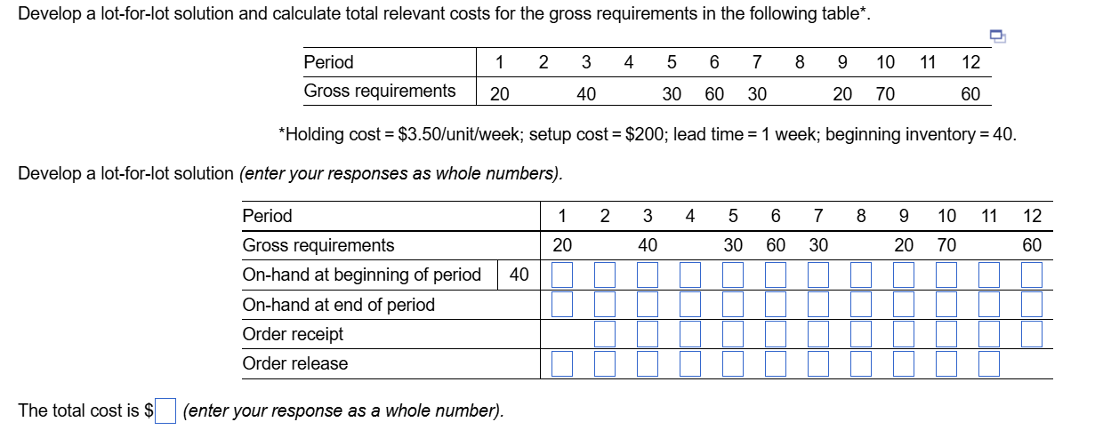 Solved Develop a lot-for-lot solution and calculate total | Chegg.com