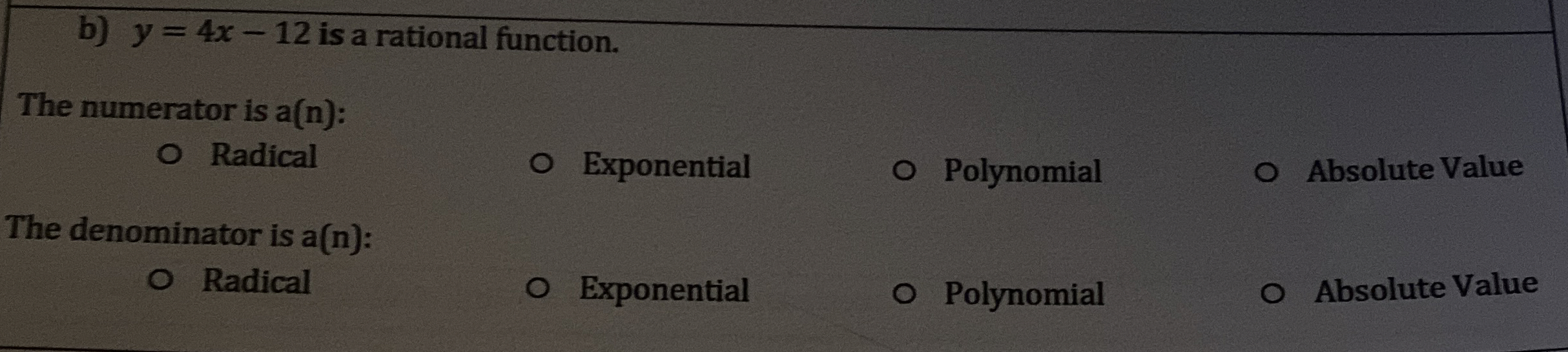 Solved b) y=4x-12 ﻿is a rational function.The numerator is | Chegg.com