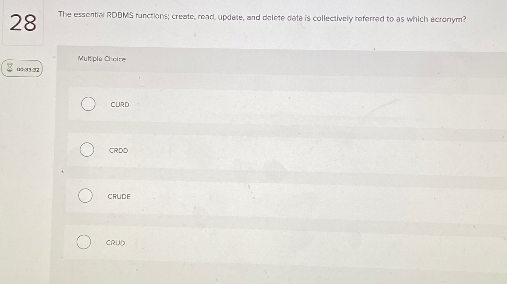 Solved 28The essential RDBMS functions; create, read, | Chegg.com
