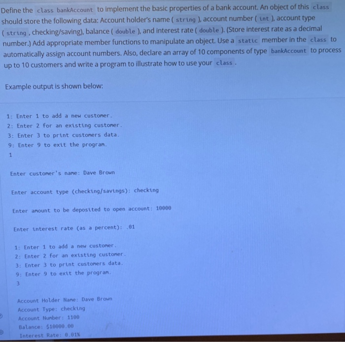 Solved Define The Class Bankaccount To Implement The Basic