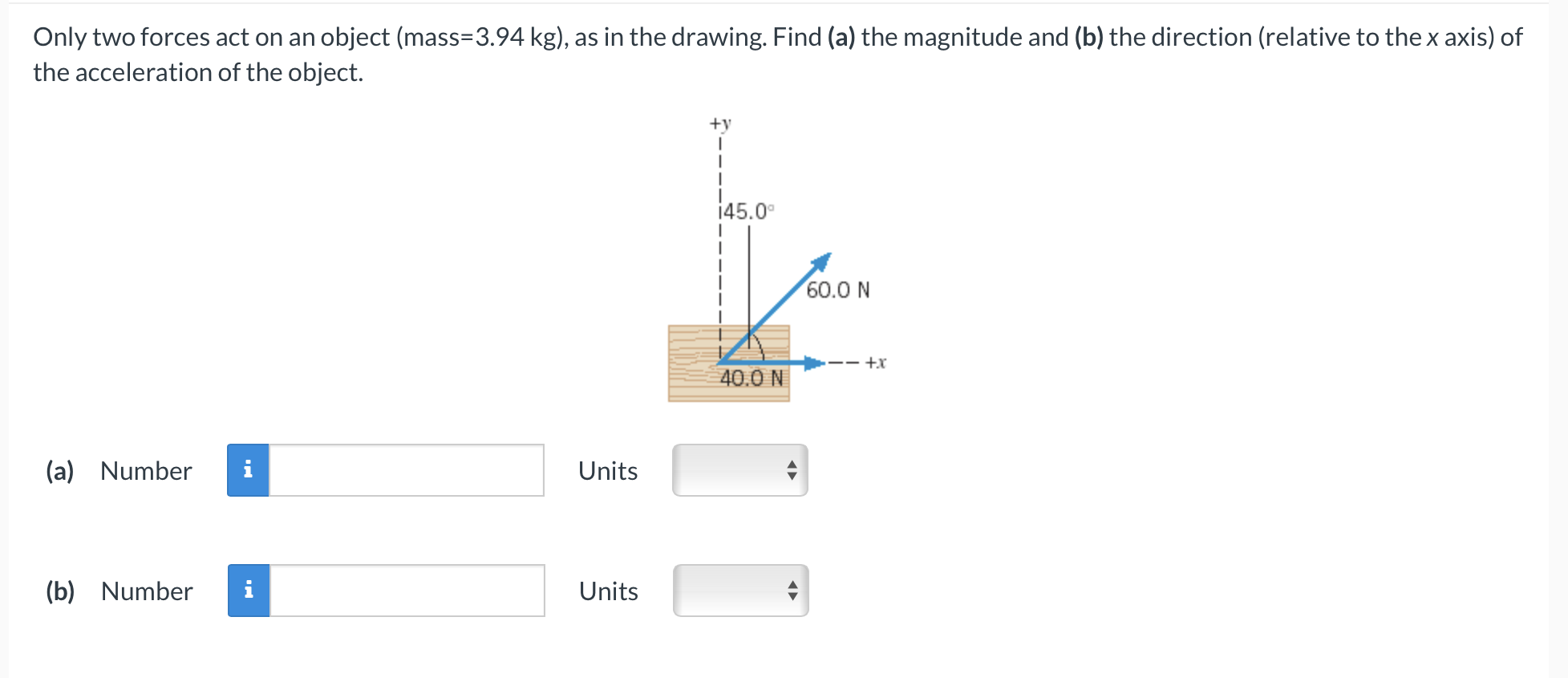Solved Only two forces act on an object (mass =3.94kg ), ﻿as | Chegg.com
