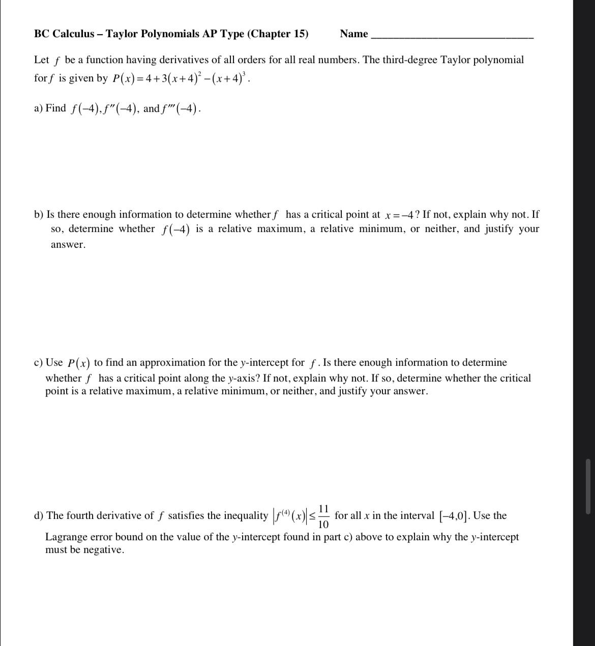 Solved BC Calculus - Taylor Polynomials AP Type (Chapter | Chegg.com