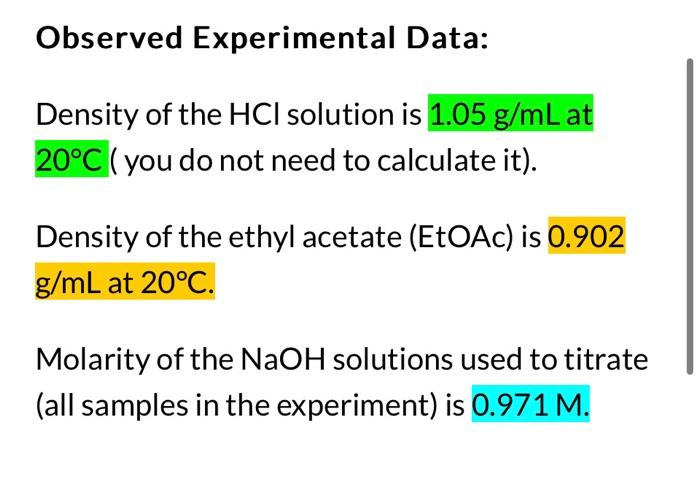 Solved Observed Experimental Data: Density of the HCl | Chegg.com