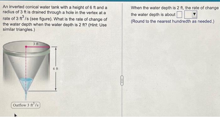 Solved An inverted conical water tank with a height of 6ft | Chegg.com