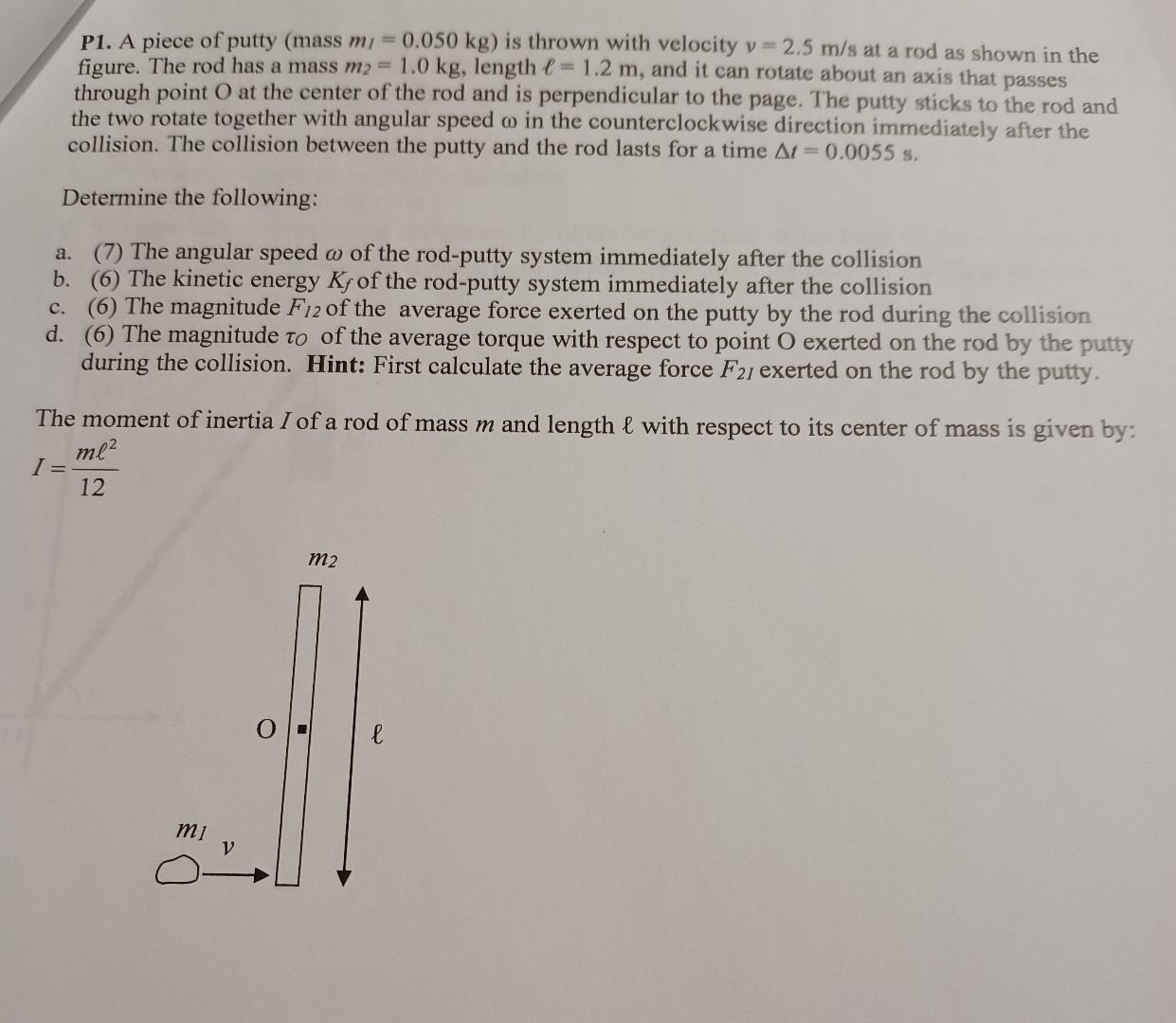 Solved P1. A piece of putty (mass mi = 0.050 kg) is thrown | Chegg.com