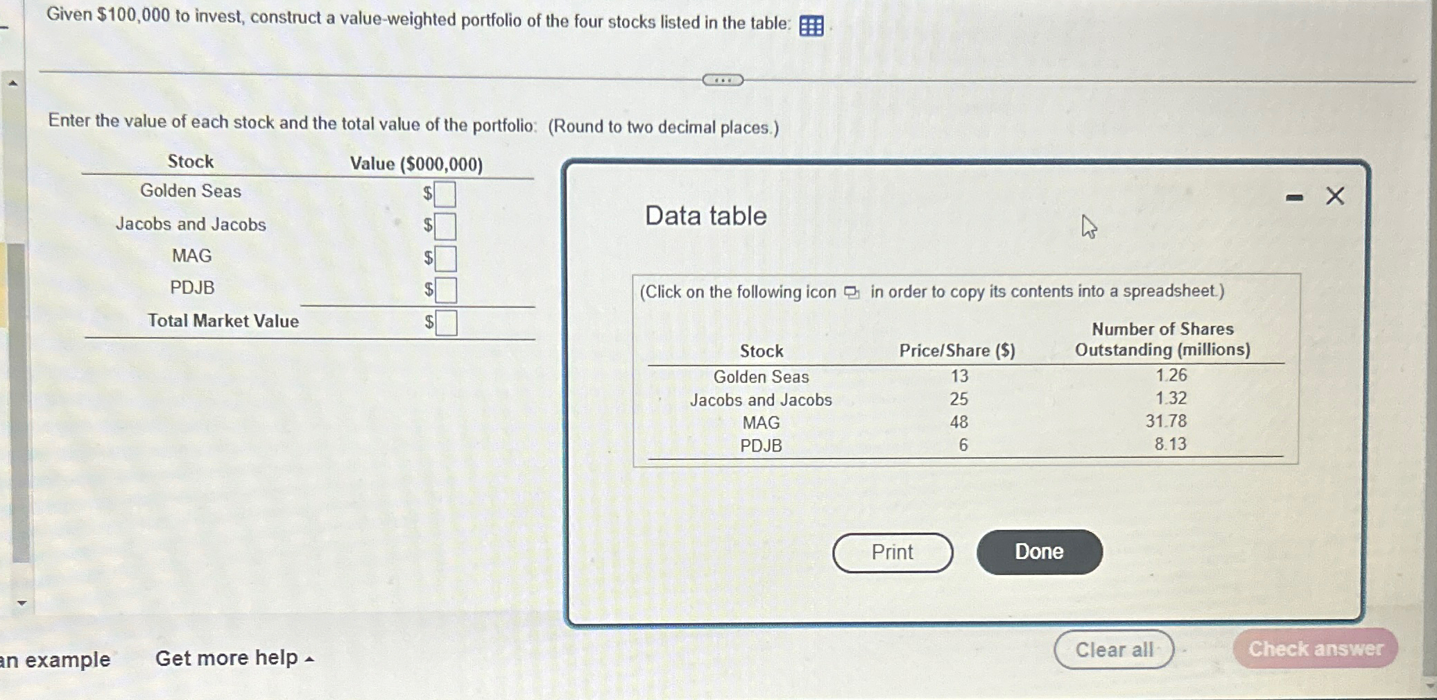 Solved Given $100,000 ﻿to invest, construct a value-weighted | Chegg.com