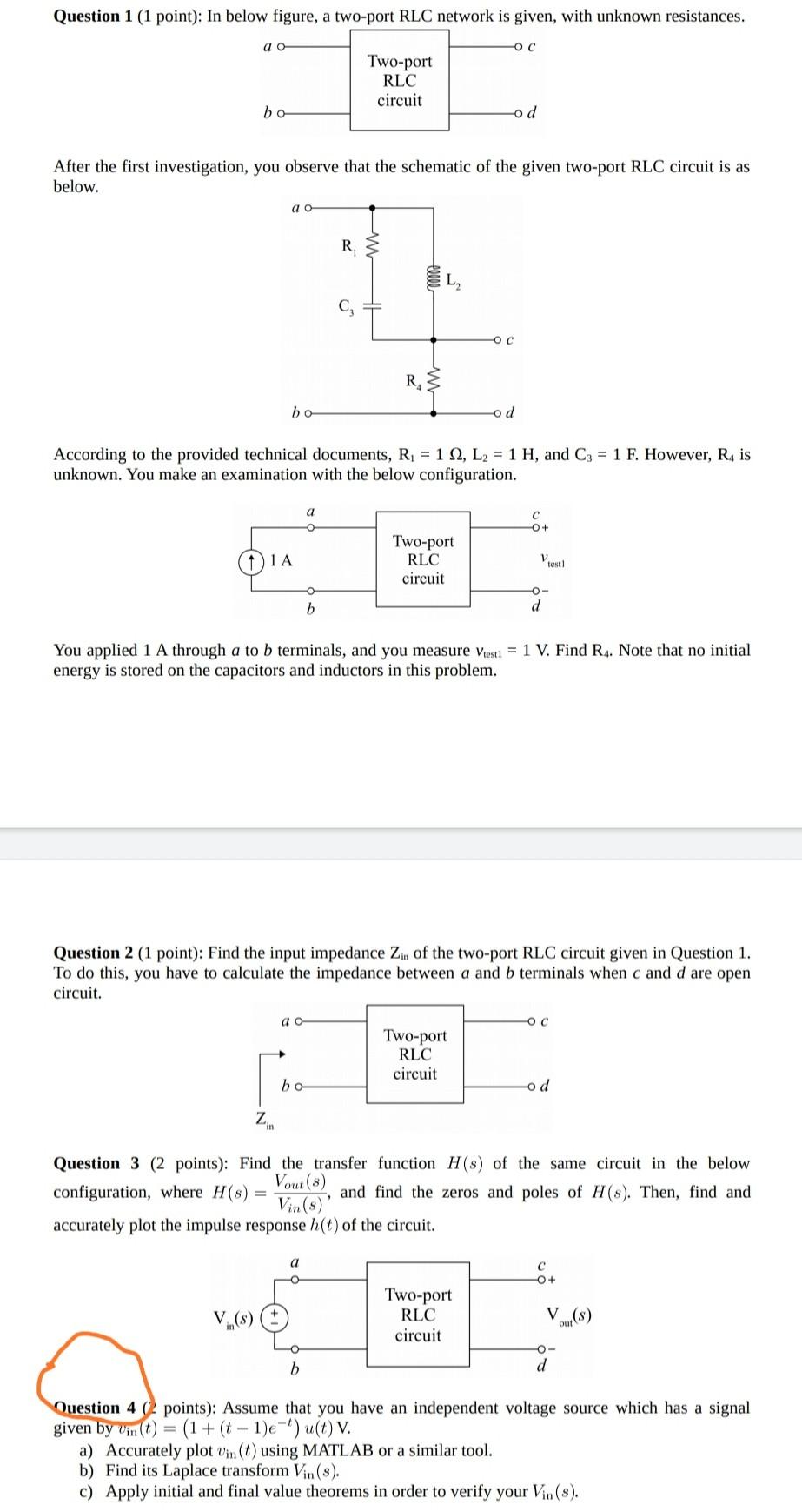 Solved Question 1 (1 point): In below figure, a two-port RLC | Chegg.com