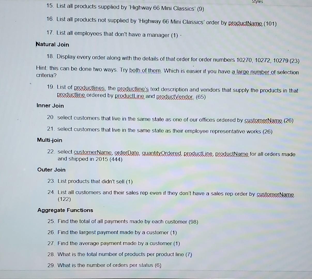 Selects 1. List all the data in the classic models | Chegg.com