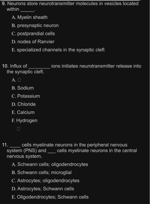 Solved 9. Neurons store neurotransmitter molecules in | Chegg.com