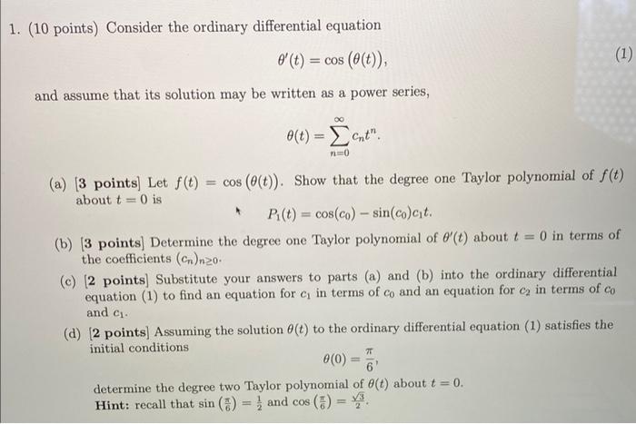 Solved 1. (10 points) Consider the ordinary differential | Chegg.com