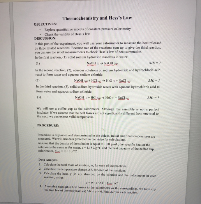 Solved Thermochemistry and Hess's Law OBJECTIVES: • Explore | Chegg.com