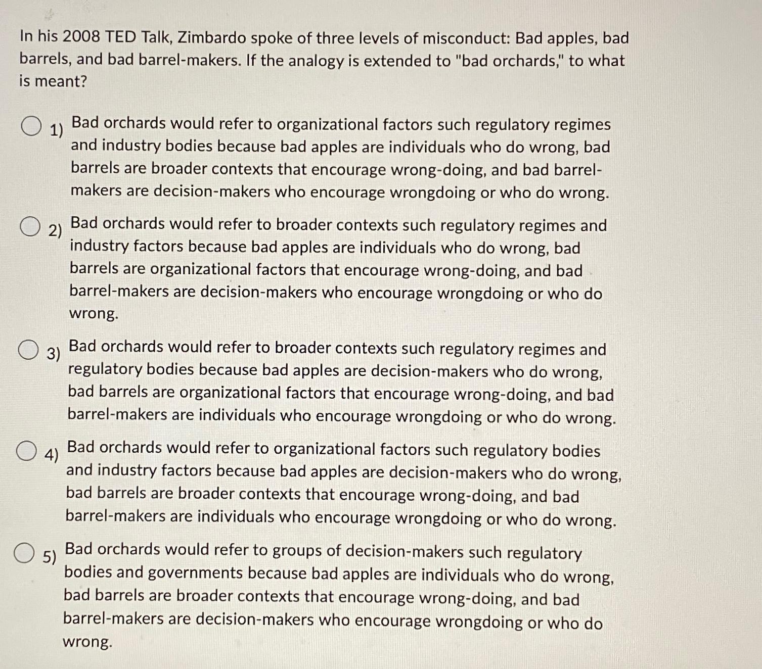 Solved In his 2008 ﻿TED Talk, Zimbardo spoke of three levels | Chegg.com