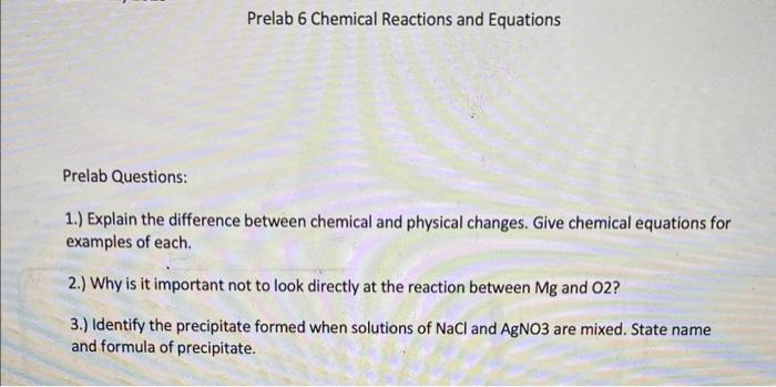Solved Prelab 6 Chemical Reactions and Equations Prelab | Chegg.com