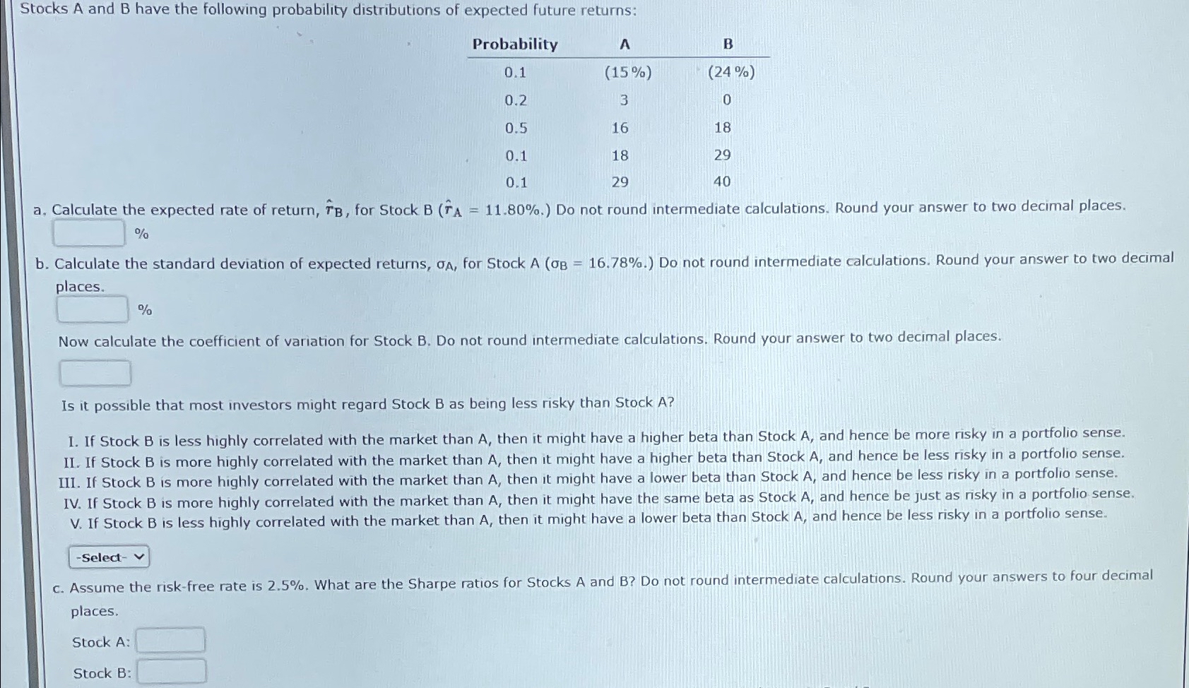 Solved Stocks A and B ﻿have the following probability | Chegg.com