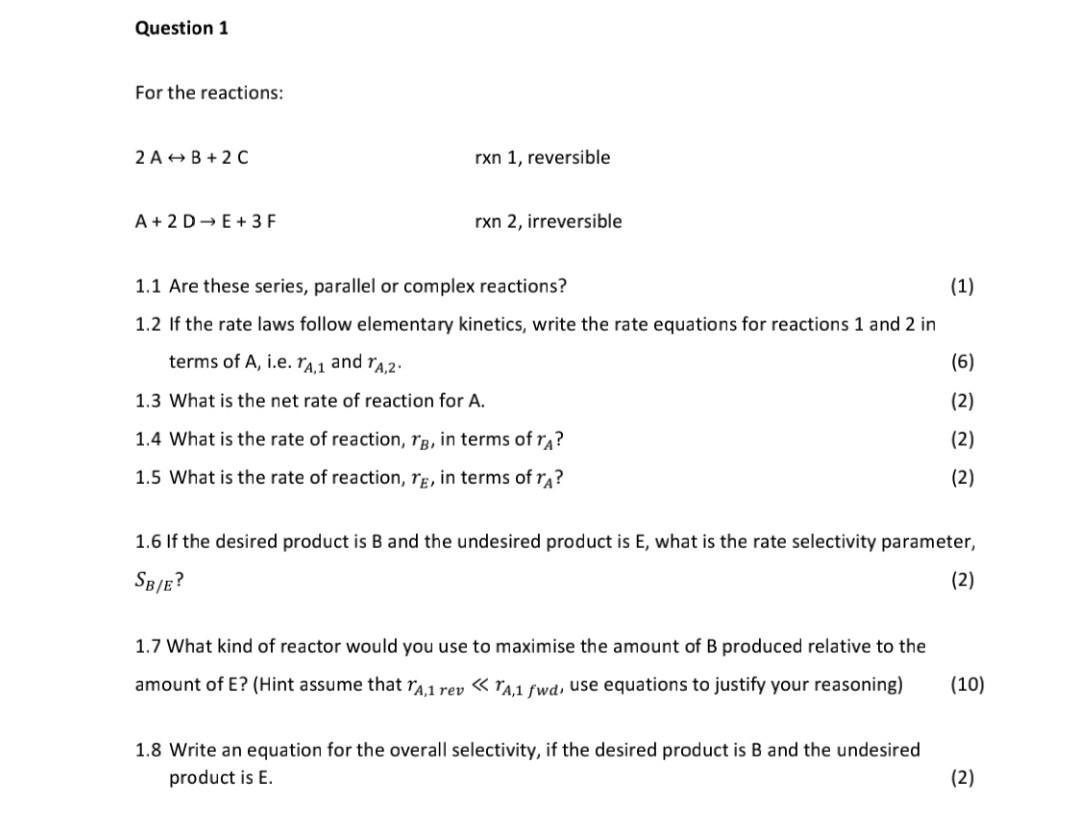 Solved For the reactions: 2 A↔B+2C A+2D→E+3F rxn 1, | Chegg.com