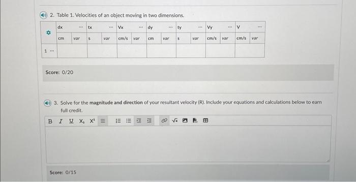 ??2. Table 1. Velocities of an object moving in two | Chegg.com