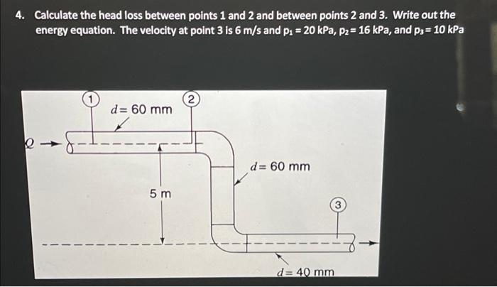 Solved 4. Calculate the head loss between points 1 and 2 and | Chegg.com