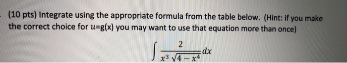 Solved (10 pts) Integrate using the appropriate formula from | Chegg.com