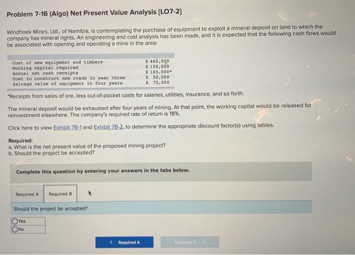 Solved Problem 7-16 (Algo) Net Present Value Analysis | Chegg.com