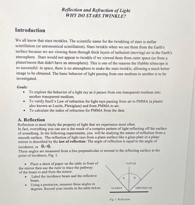 Solved Reflection and Refraction of Light WHY DO STARS | Chegg.com
