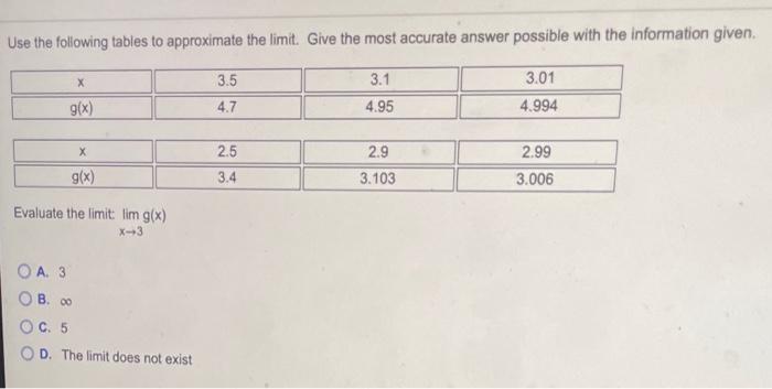 Solved Use the following tables to approximate the limit. | Chegg.com