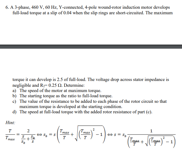 Solved A 3-phase, 460V,60Hz, ﻿Y-connected, 4-pole | Chegg.com