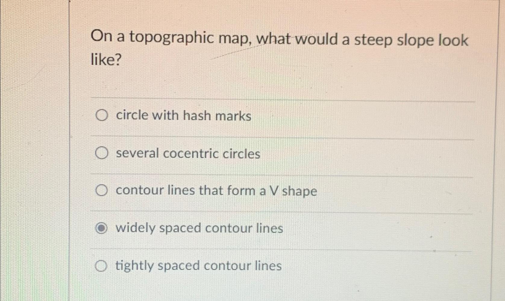 Solved On a topographic map, what would a steep slope look | Chegg.com