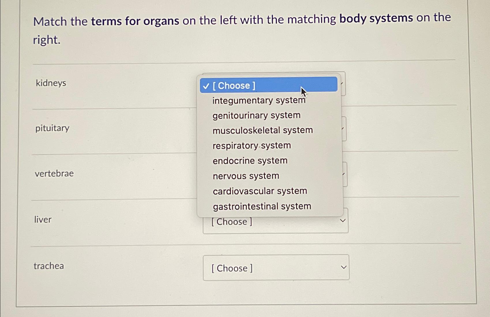 Solved Match the terms for organs on the left with the | Chegg.com