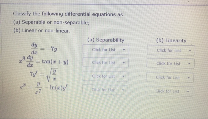 Solved Classify the following differential equations as: (a) | Chegg.com