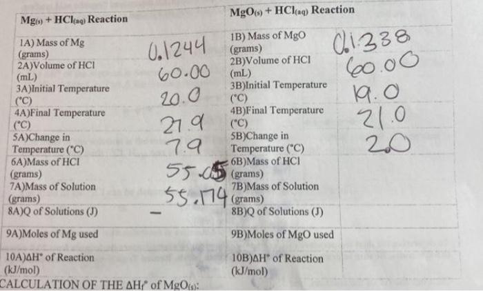 Solved MgO(s+ HCl(aq) Reaction Mg) + HCl(aq) Reaction 061244 | Chegg.com